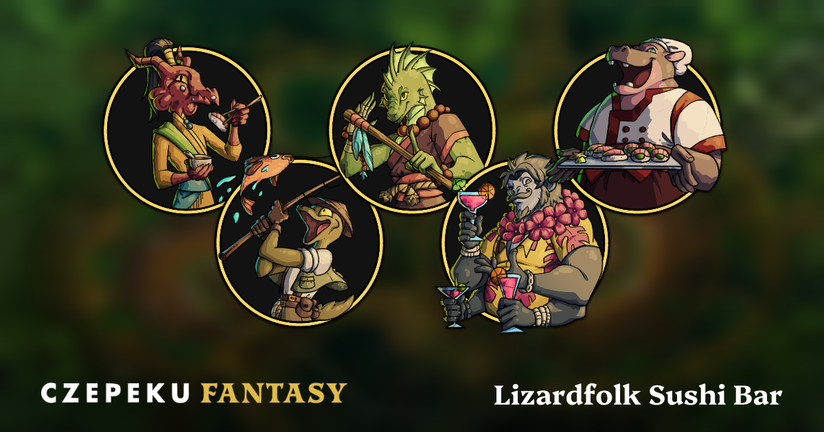 Lizardfolk Sushi Bar Token Pack | Hand-Drawn Fantasy RPG Tokens by Czepeku